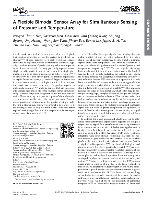 Pdf A Flexible Bimodal Sensor Array For Simultaneous Sensing Of Pressure And Temperature