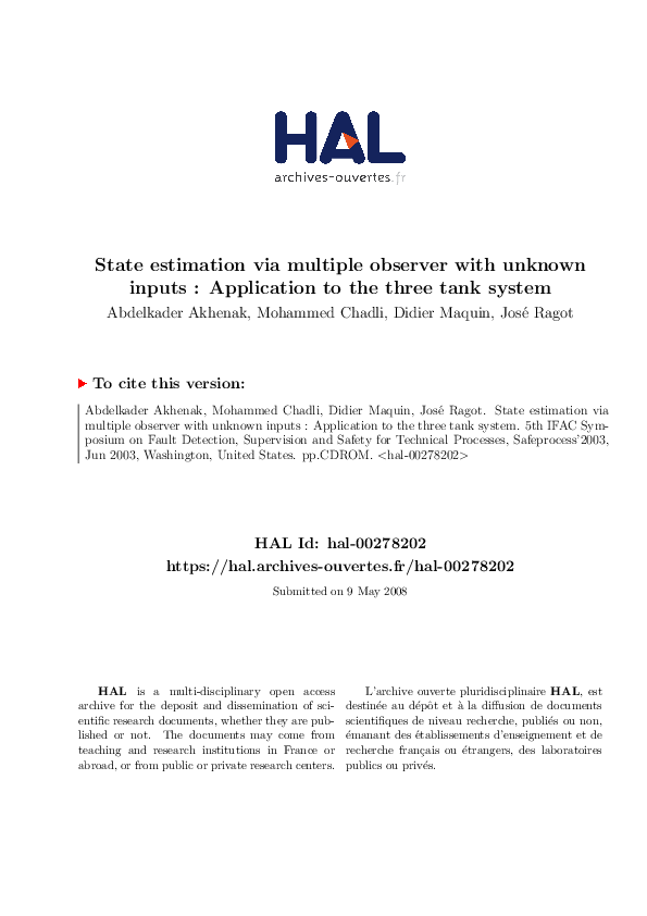 Pdf State Estimation Via Multiple Observer With Unknown Inputs Application To The Three Tank