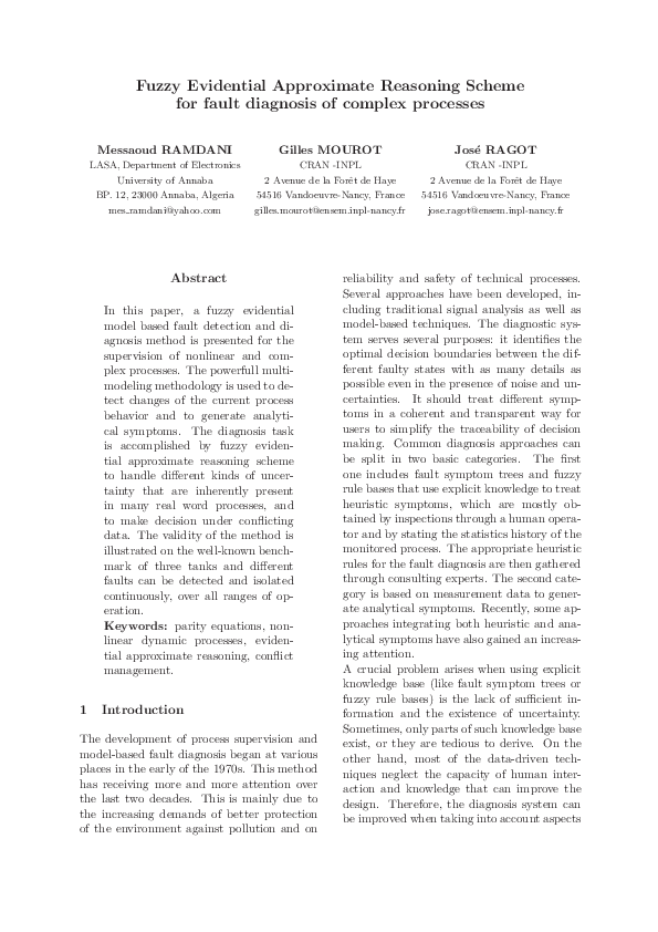 (PDF) Fuzzy Evidential Approximate Reasoning Scheme for fault diagnosis of complex processes