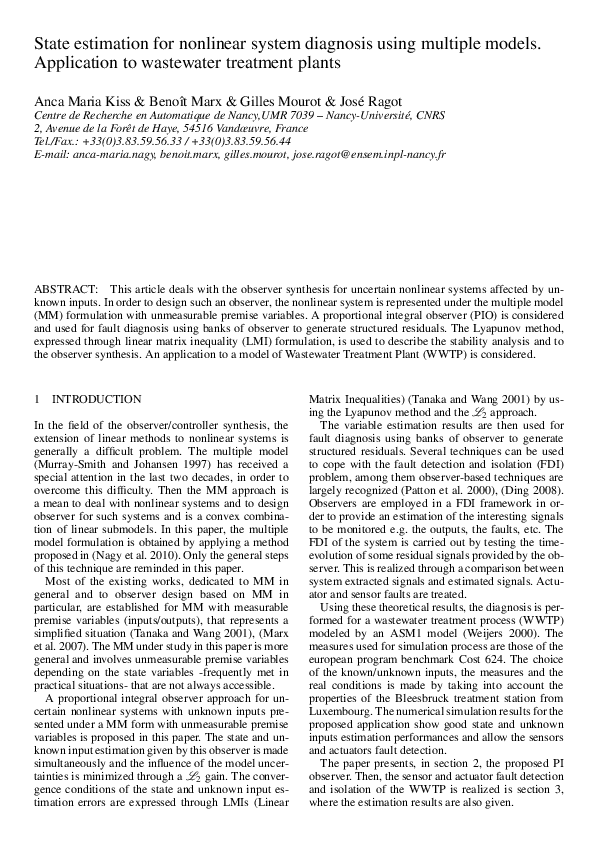 (PDF) State estimation for nonlinear system diagnosis using multiple models. Application to ...