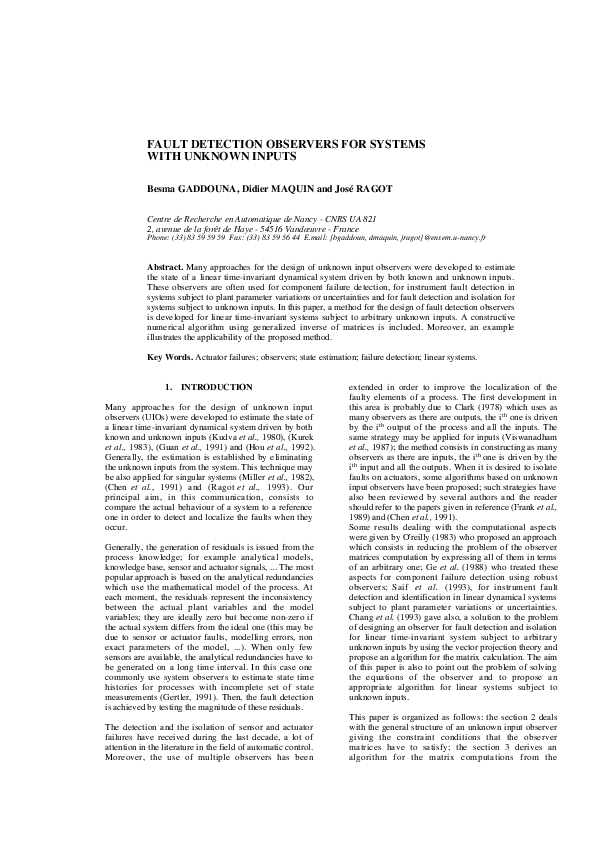 Pdf Design Of Unknown Input Observer José Ragot