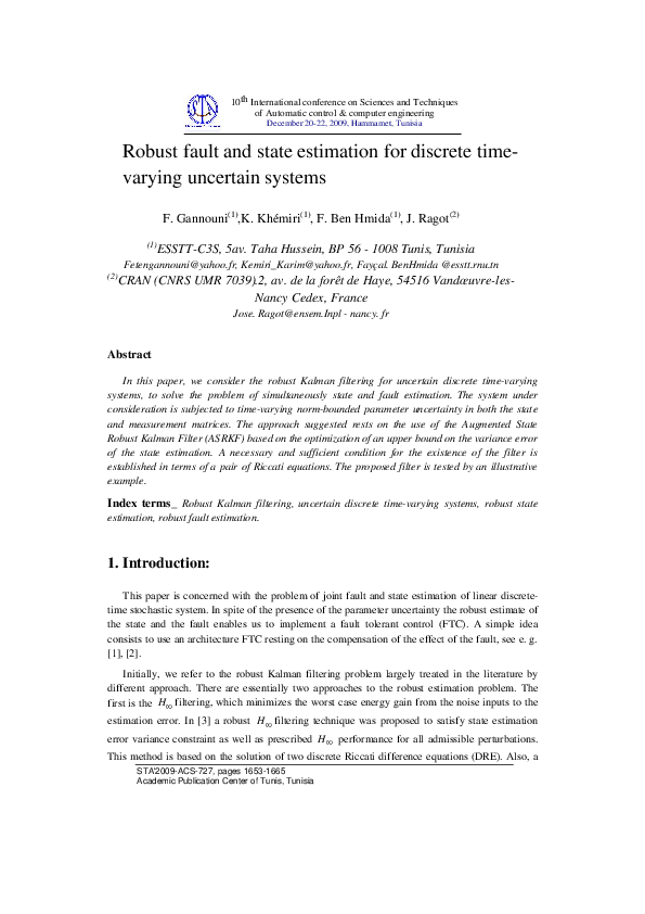 Pdf Robust Kalman Filtering For Uncertain Time Varying Systems