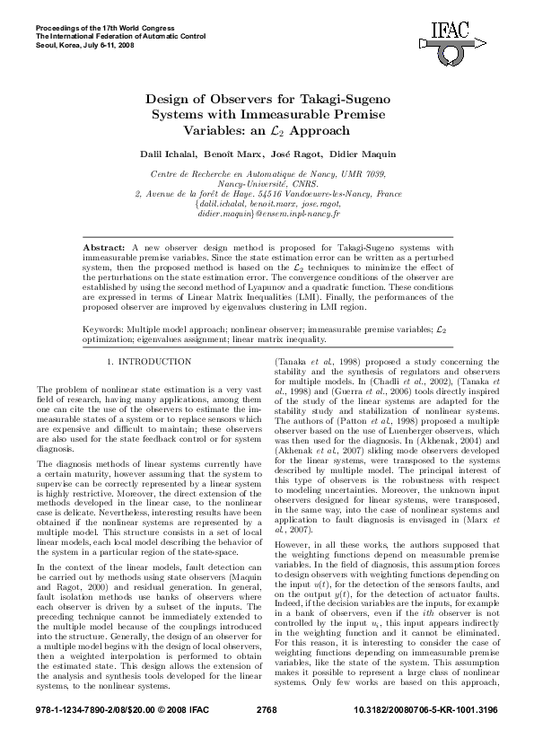 Pdf L2 Observer Design For Takagi Sugeno Systems
