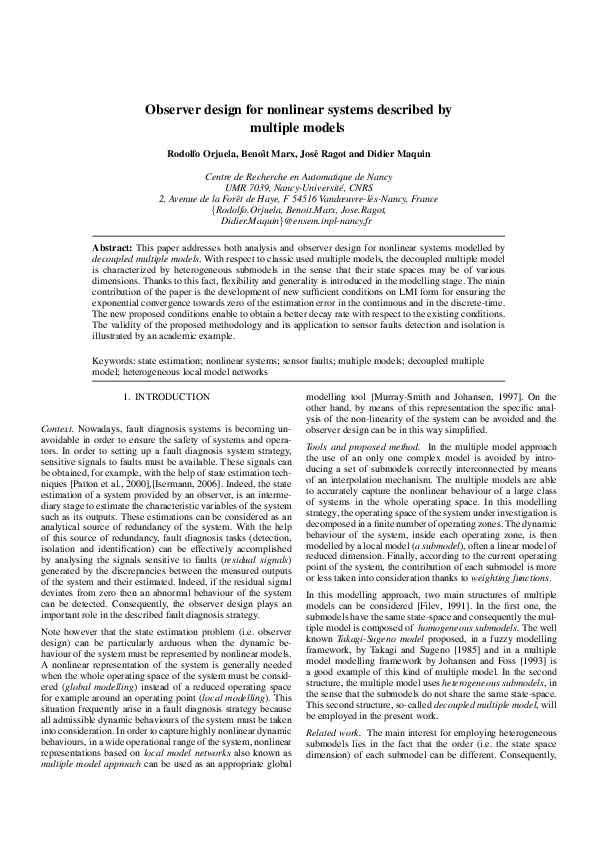 (PDF) Observer design for nonlinear systems described by multiple models