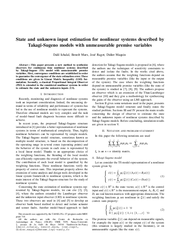 Pdf State And Unknown Input Estimation For Nonlinear Systems