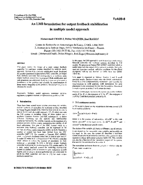 (PDF) An LMI formulation for output feedback stabilization in multiple model approach | josé ...