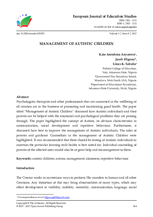 (PDF) MANAGEMENT OF AUTISTIC CHILDREN