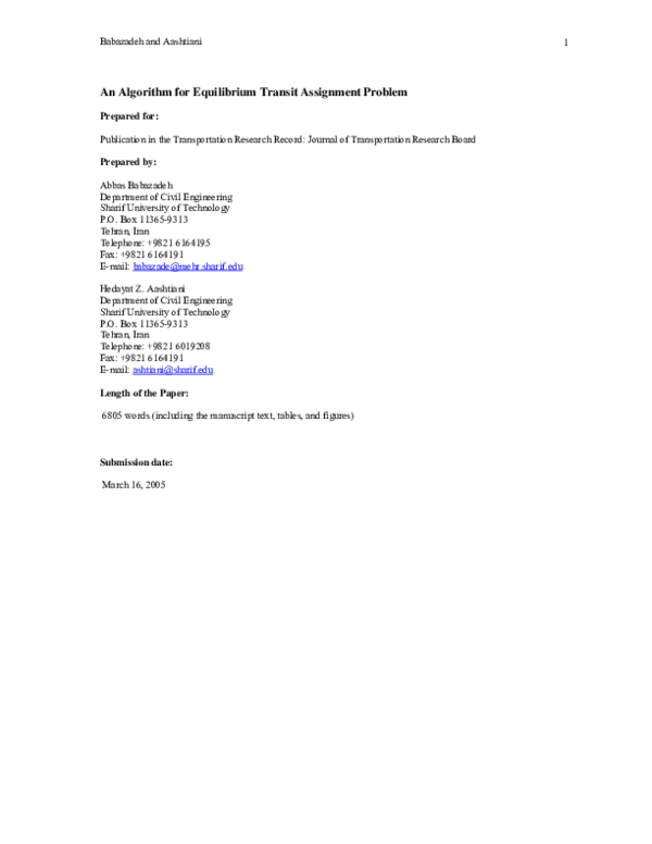 Pdf Algorithm For Equilibrium Transit Assignment Problem