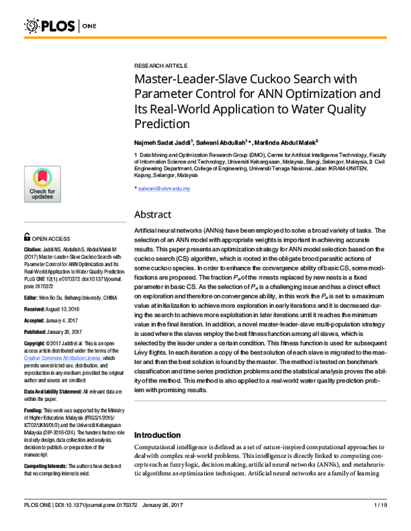 Pdf Master Leader Slave Cuckoo Search With Parameter Control For Ann Optimization And Its Real