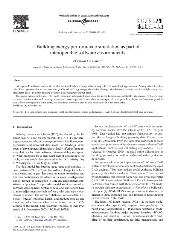 Pdf Building Energy Performance Simulation As Part Of Interoperable Software Environments