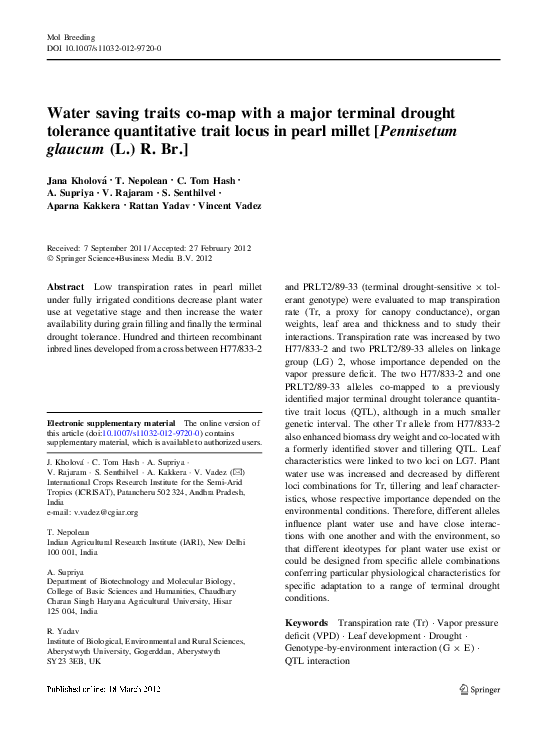 (PDF) Water saving traits co-map with a major terminal drought tolerance quantitative trait ...