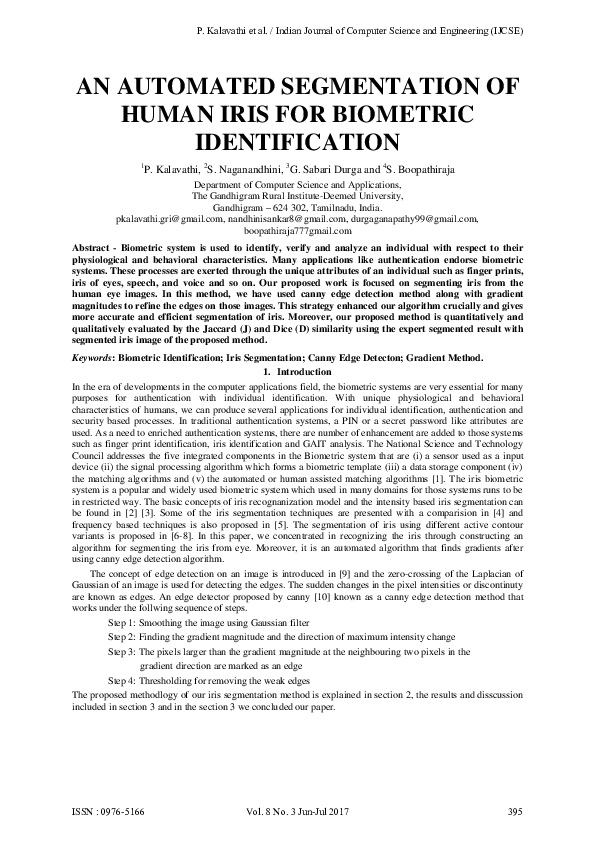 Pdf An Automated Segmentation Of Human Iris For Biometric Identification Boopathiraja S