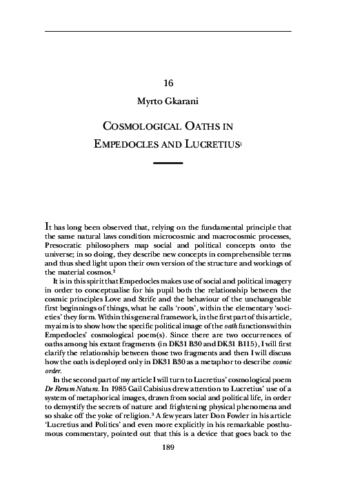 (PDF) Cosmological oaths in Empedocles and Lucretius