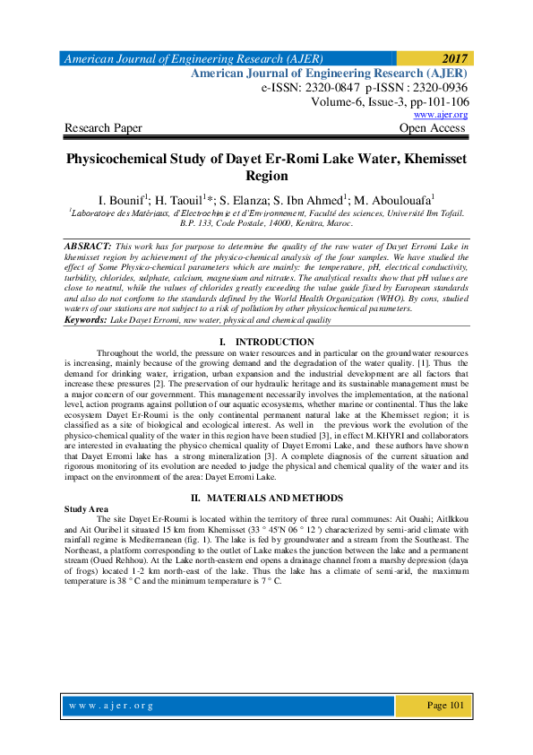 (PDF) Physicochemical Study of Dayet Er-Romi Lake Water, Khemisset Region
