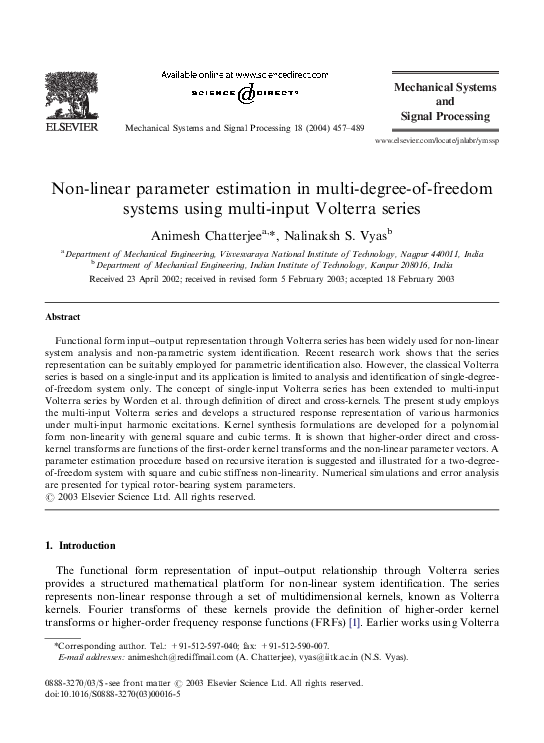 Pdf Non Linear Parameter Estimation In Multi Degree Of Freedom Systems Using Multi Input