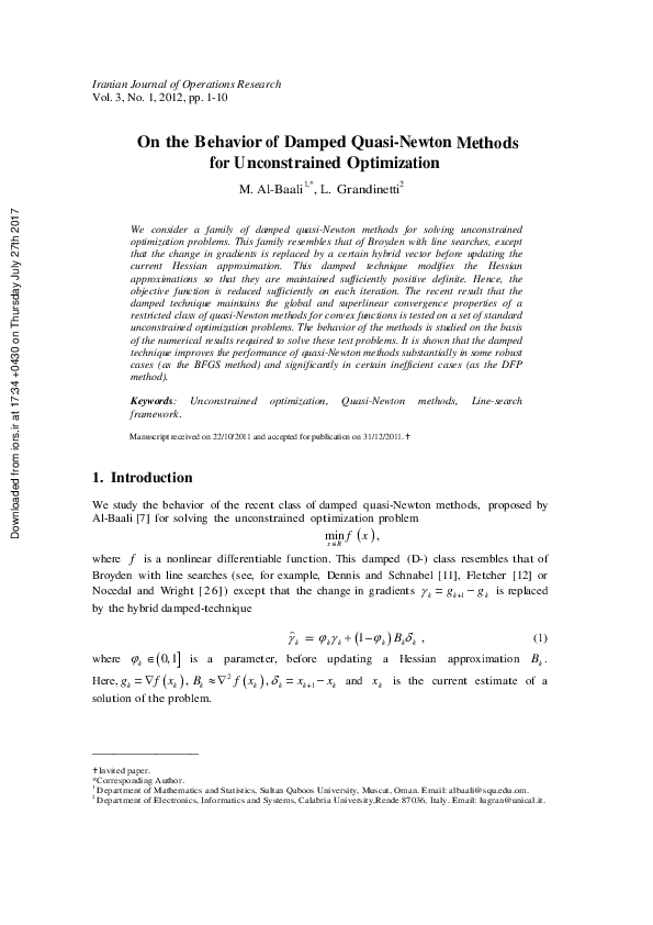 Pdf On The Behavior Of Damped Quasi Newton Methods For Unconstrained Optimization