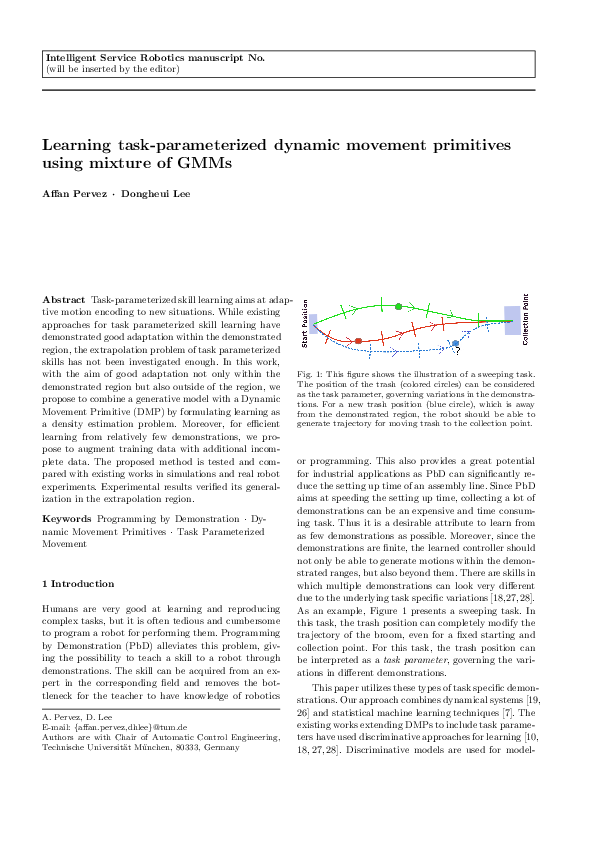 Pdf Learning Task Parameterized Dynamic Movement Primitives Using Mixture Of Gmms Affan