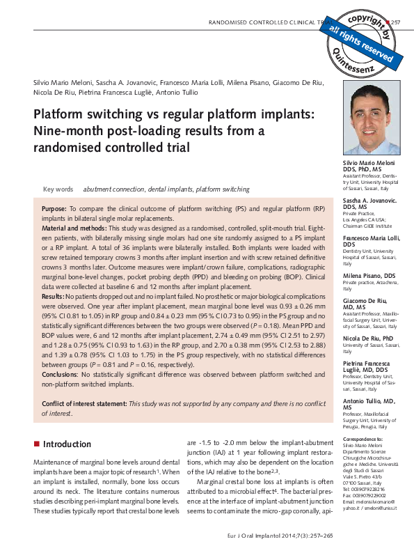 (PDF) Platform switching vs regular platform implants: nine-month post-loading results from a ...