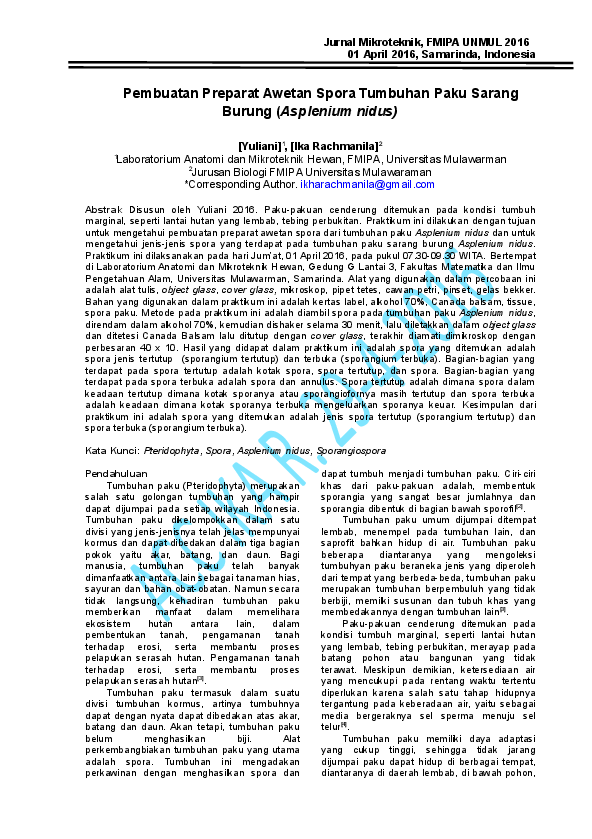 (DOC) Pembuatan Preparat Awetan Spora Tumbuhan Paku Sarang Burung ...