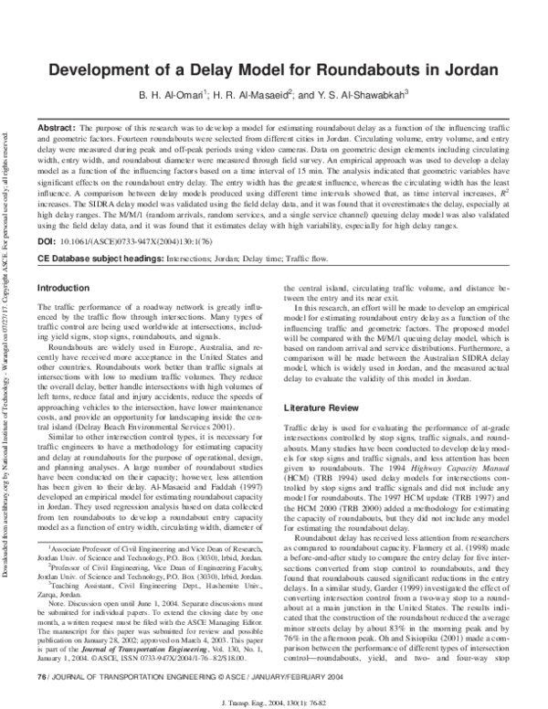 (PDF) Development of a Delay Model for Roundabouts in Jordan