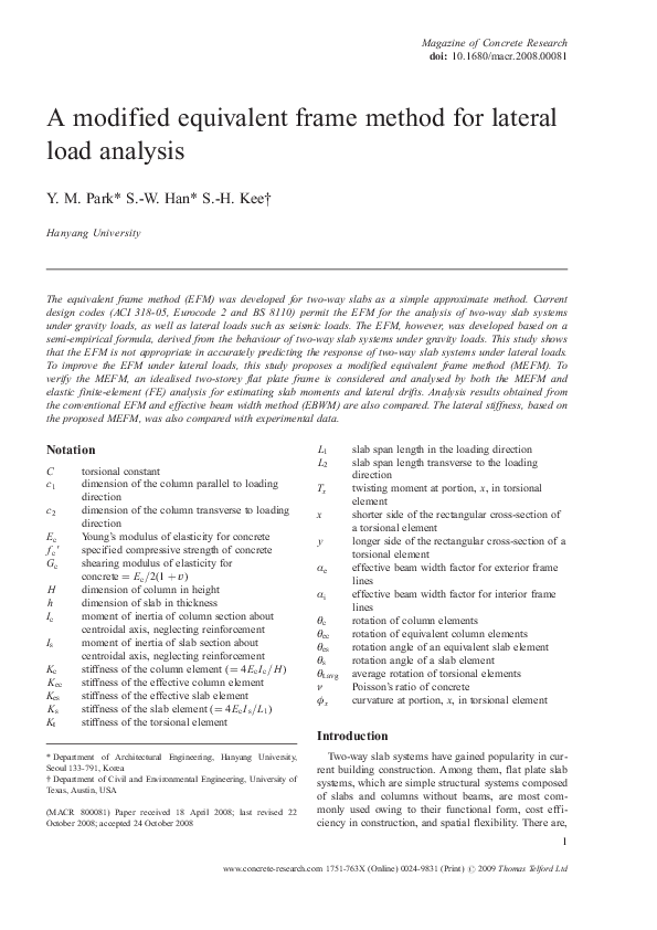 (PDF) A modified equivalent frame method for lateral load analysis