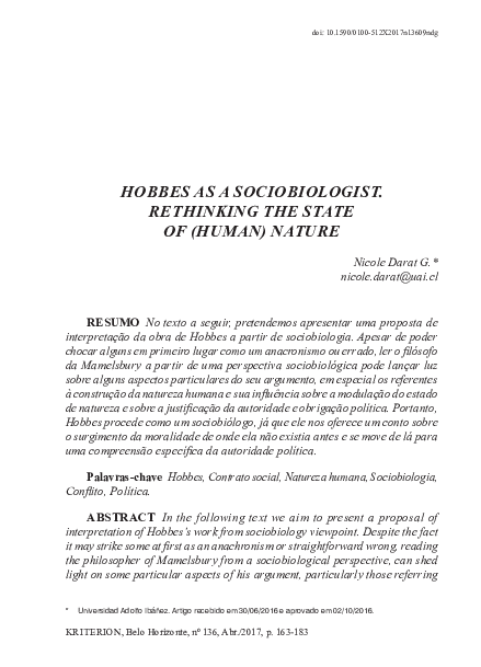(PDF) HOBBES AS A SOCIOBIOLOGIST. RETHINKING THE STATE OF (HUMAN) NATURE
