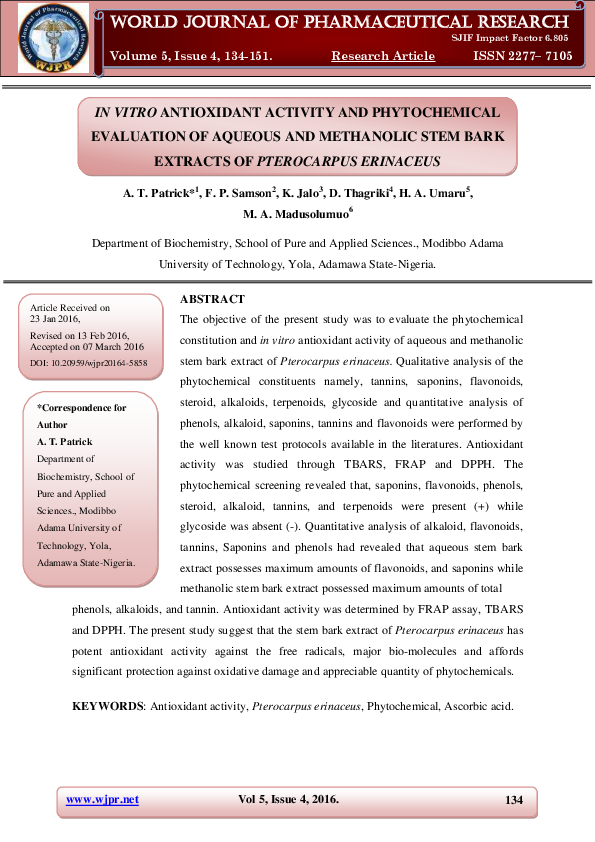 (PDF) IN VITRO ANTIOXIDANT ACTIVITY AND PHYTOCHEMICAL EVALUATION OF AQUEOUS AND METHANOLIC STEM ...