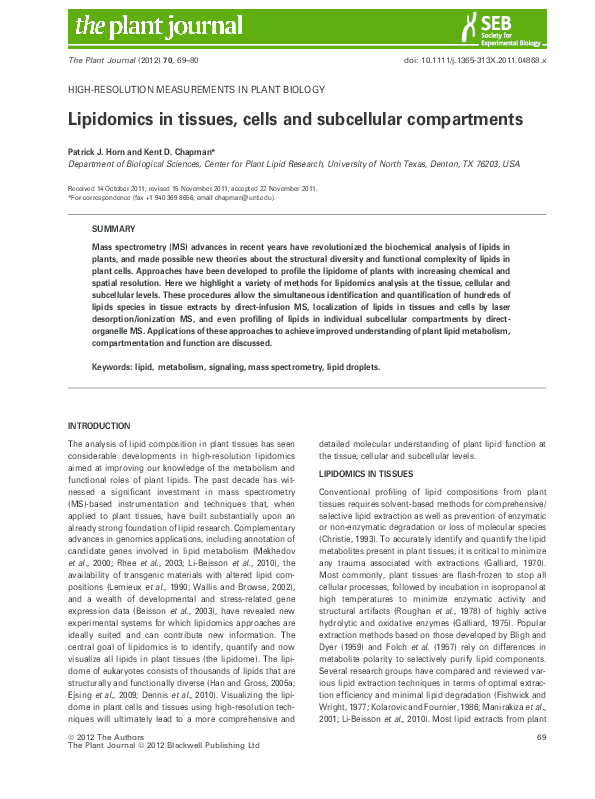 (PDF) Lipidomics in tissues, cells and subcellular compartments