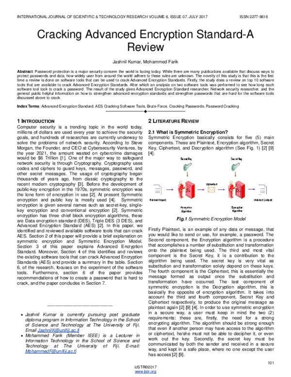 (PDF) Cracking Advanced Encryption Standard-A Review