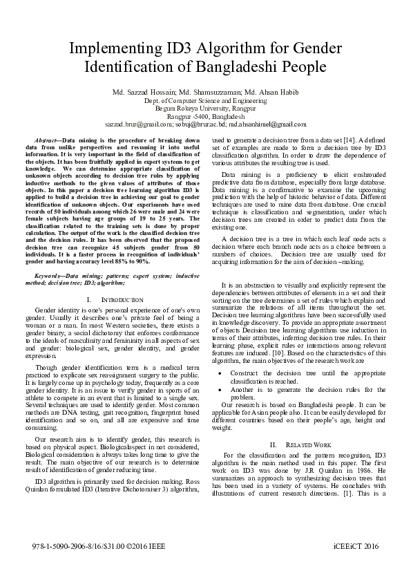 (PDF) Implementing ID3 Algorithm for Gender Identification of Bangladeshi People