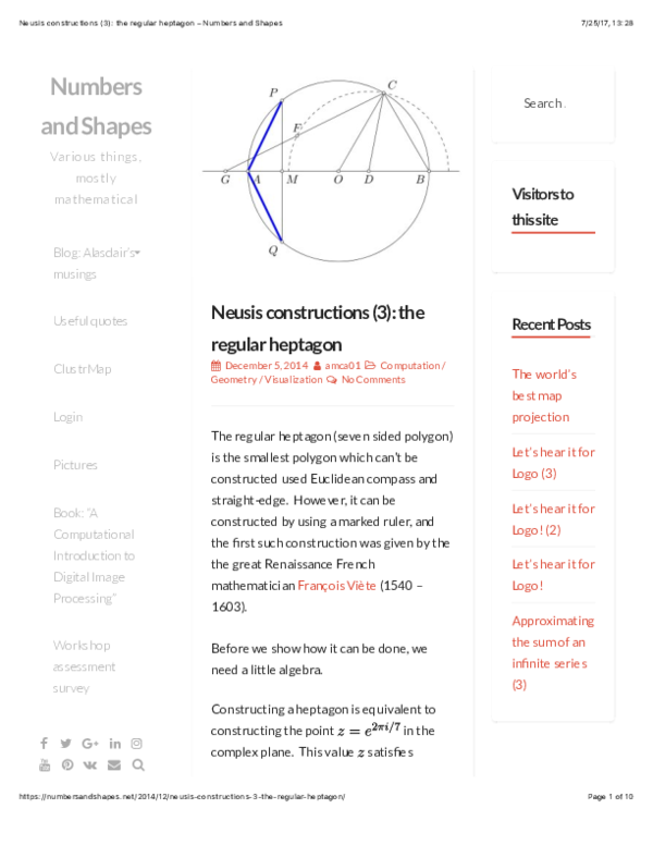(PDF) Neusis constructions (3): the regular heptagon – Numbers and Shapes