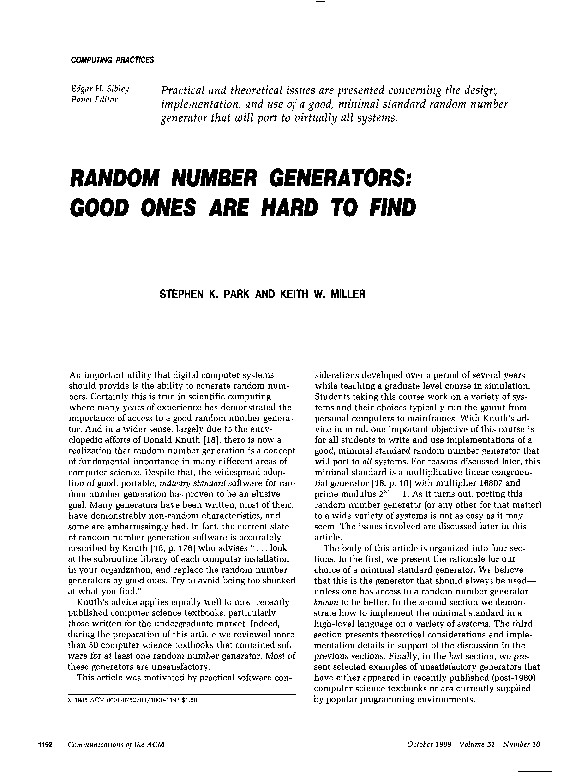 (PDF) Random number generators: good ones are hard to find