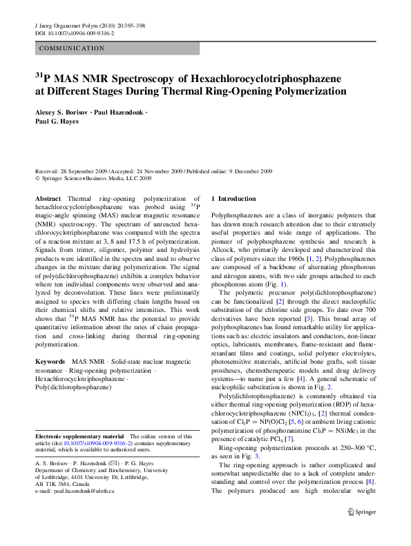 (PDF) 31P MAS NMR Spectroscopy of Hexachlorocyclotriphosphazene at ...