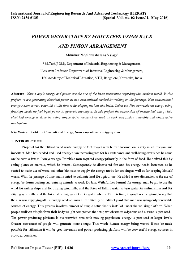 (PDF) POWER GENERATION BY FOOT STEPS USING RACK AND PINION ARRANGEMENT