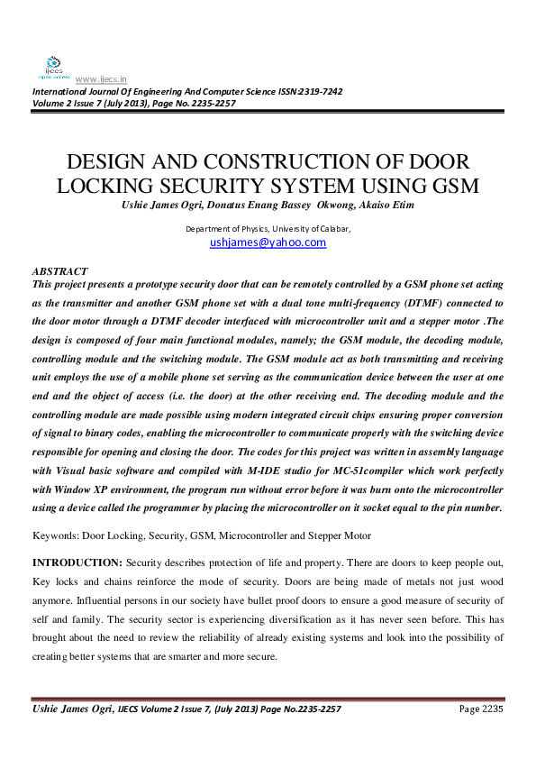 (PDF) DESIGN AND CONSTRUCTION OF DOOR LOCKING SECURITY SYSTEM USING GSM