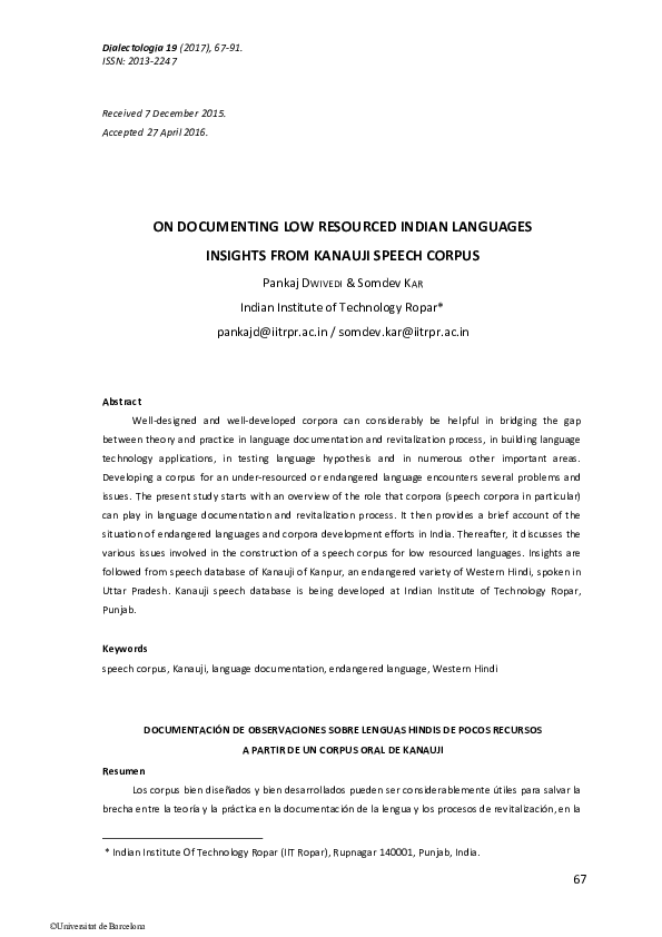 (PDF) ON DOCUMENTING LOW RESOURCED INDIAN LANGUAGES INSIGHTS FROM KANAUJI SPEECH CORPUS