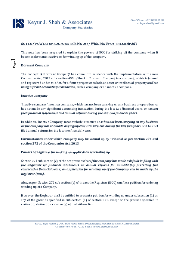 (PDF) NOTE ON POWERS OF ROC FOR STRIKING OFF/ WINDING UP OF THE COMPANY
