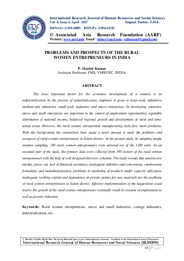 Pdf Problems And Prospects Of The Rural Women Entrepreneurs In India