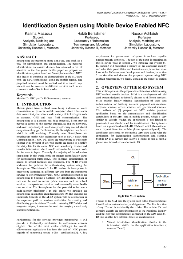(PDF) Identification System using Mobile Device Enabled NFC