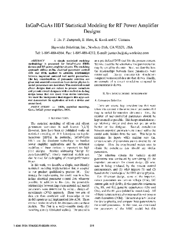 (PDF) InGaP-GaAs HBT Statistical Modeling for RF Power Amplifier Designs