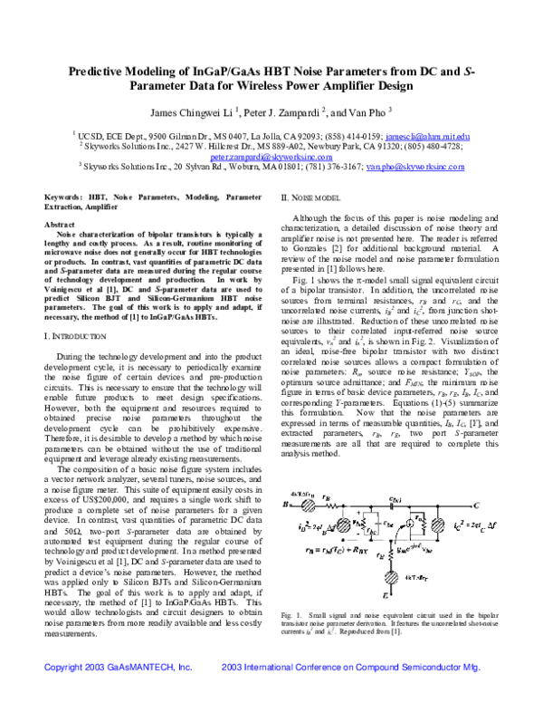 (PDF) Predictive Modeling of InGaP/GaAs HBT Noise Parameters from DC and S-Parameter Data for ...