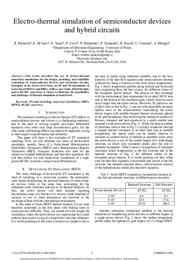 (PDF) Electro-thermal simulation of semiconductor devices and hybrid ...