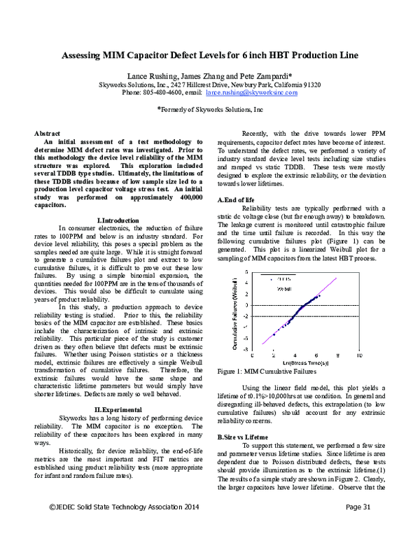 (PDF) Assessing MIM Capacitor Defect Levels for 6 inch HBT Production Line