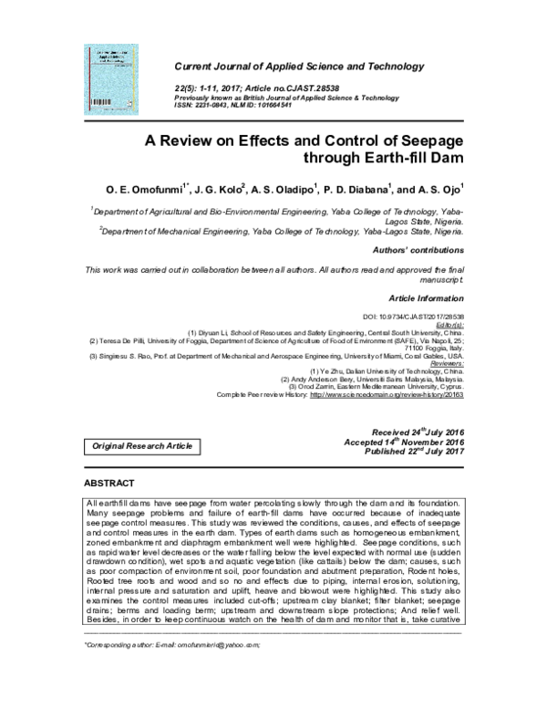 (PDF) A Review on Effects and Control of Seepage through Earth-fill Dam