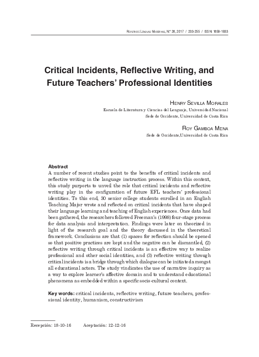 (PDF) Critical Incidents, Reflective Writing, and Future Teachers ...