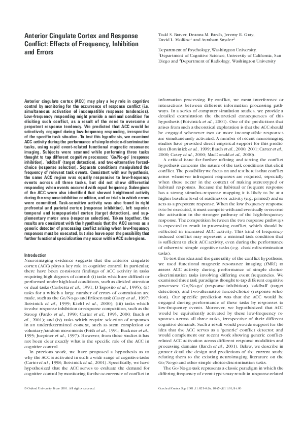 (PDF) Anterior Cingulate Cortex and Response Conflict: Effects of Frequency, Inhibition and Errors