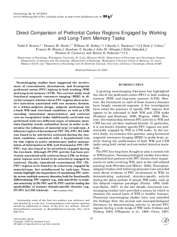 (PDF) Direct Comparison of Prefrontal Cortex Regions Engaged by Working ...
