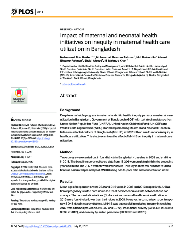 (PDF) Impact of maternal and neonatal health initiatives on inequity in ...
