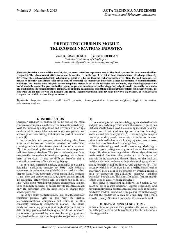 Pdf Predicting Churn In Mobile Telecommunications Industry