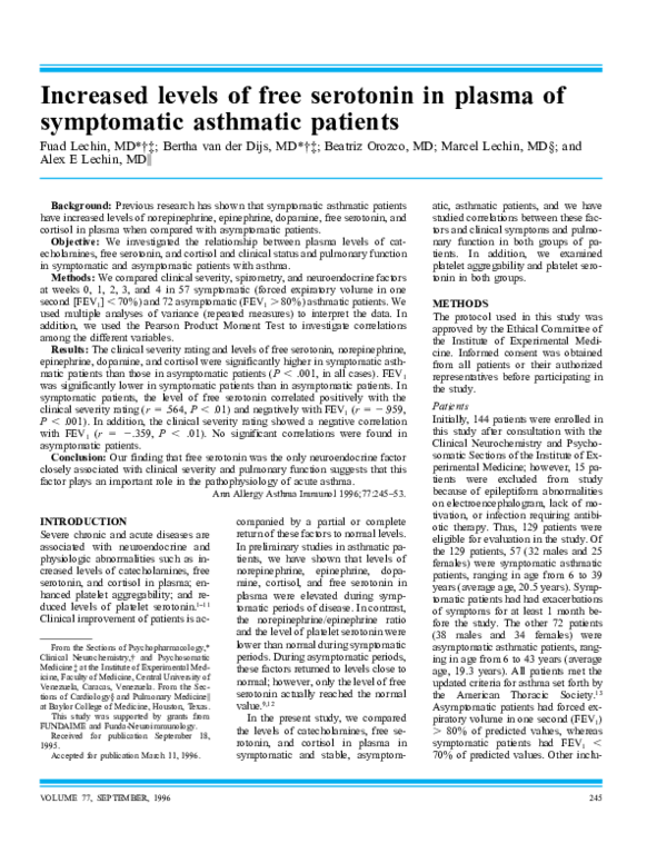 (PDF) Increased Levels of Free Serotonin in Plasma of Symptomatic ...